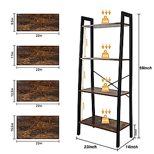 ECOMEX 4-Tier Ladder Shelf Industrial Bookshelf, Ladder Bookshelf Open Storage Rack Wood Ladder Shelf with Metal Frame, Freestanding Storage Shelves for Home Office, Bedroom (Rustic Brown)