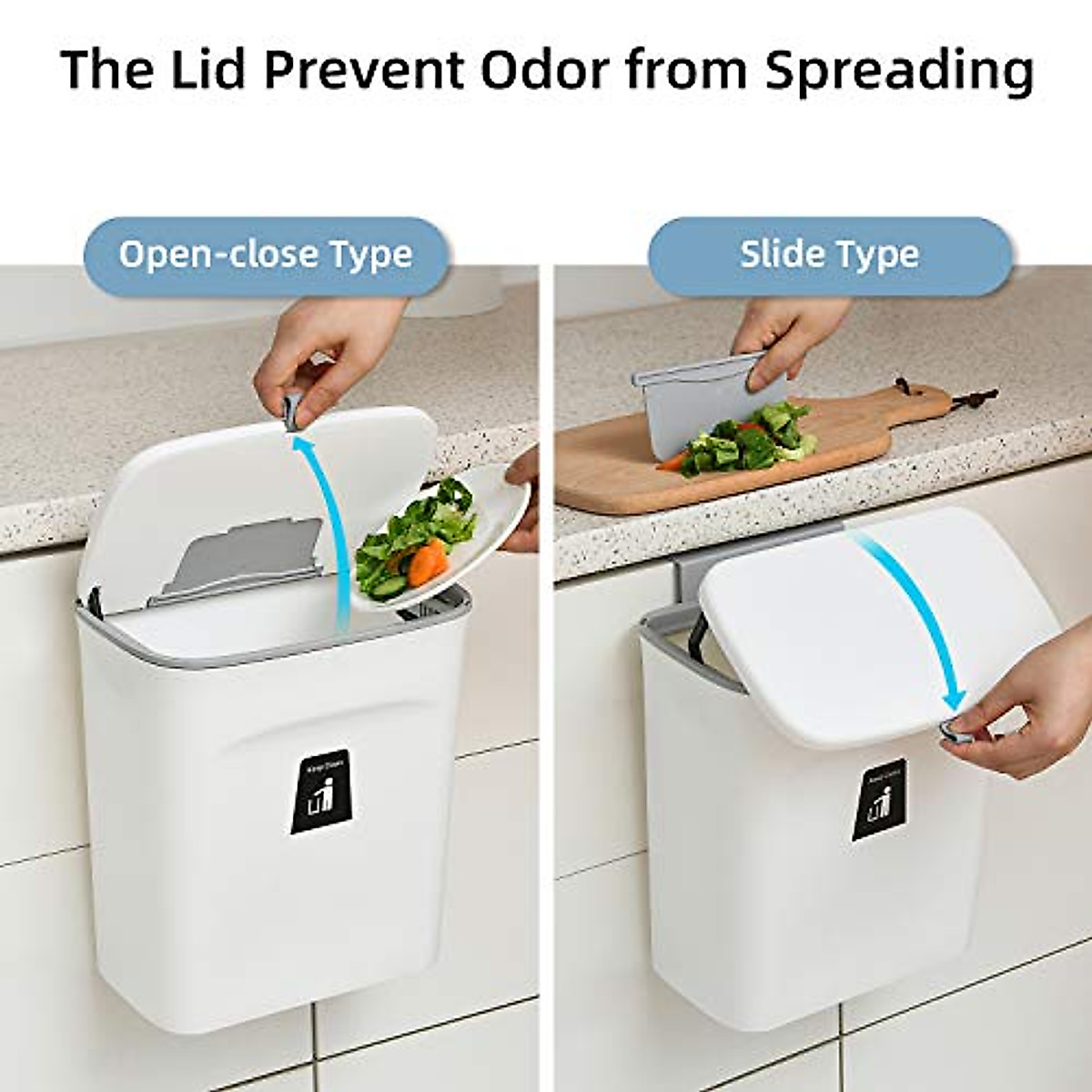 SUBEKYU 2.4 Gal Hanging Trash Can for Kitchen Cabinet Door with Lid, Small Under Sink Garbage Can for Bathroom, Wall Mounted Counter Waste Compost Bin, Plastic (White)