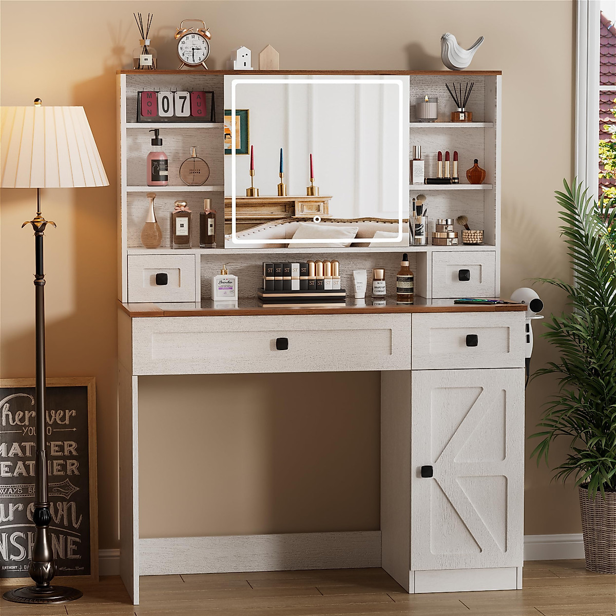 PAKASEPT Vanity Desk with Sliding Mirror and Lights, Glass Tabletop Makeup Vanity with 3 Lighting Modes, White Vanity Table with Power Strip&Hooks, Hidden Shelves, Girls Bedroom Vanities Set