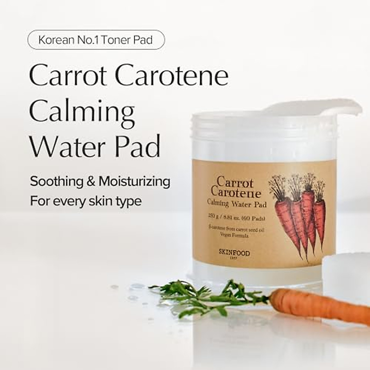 SKINFOOD Carrot Carotene Calming Water Pad 250g (8.81 oz.) 60 Sheets- Redness Relief Soothing Facial Toner Pads for Sensitive Skin
