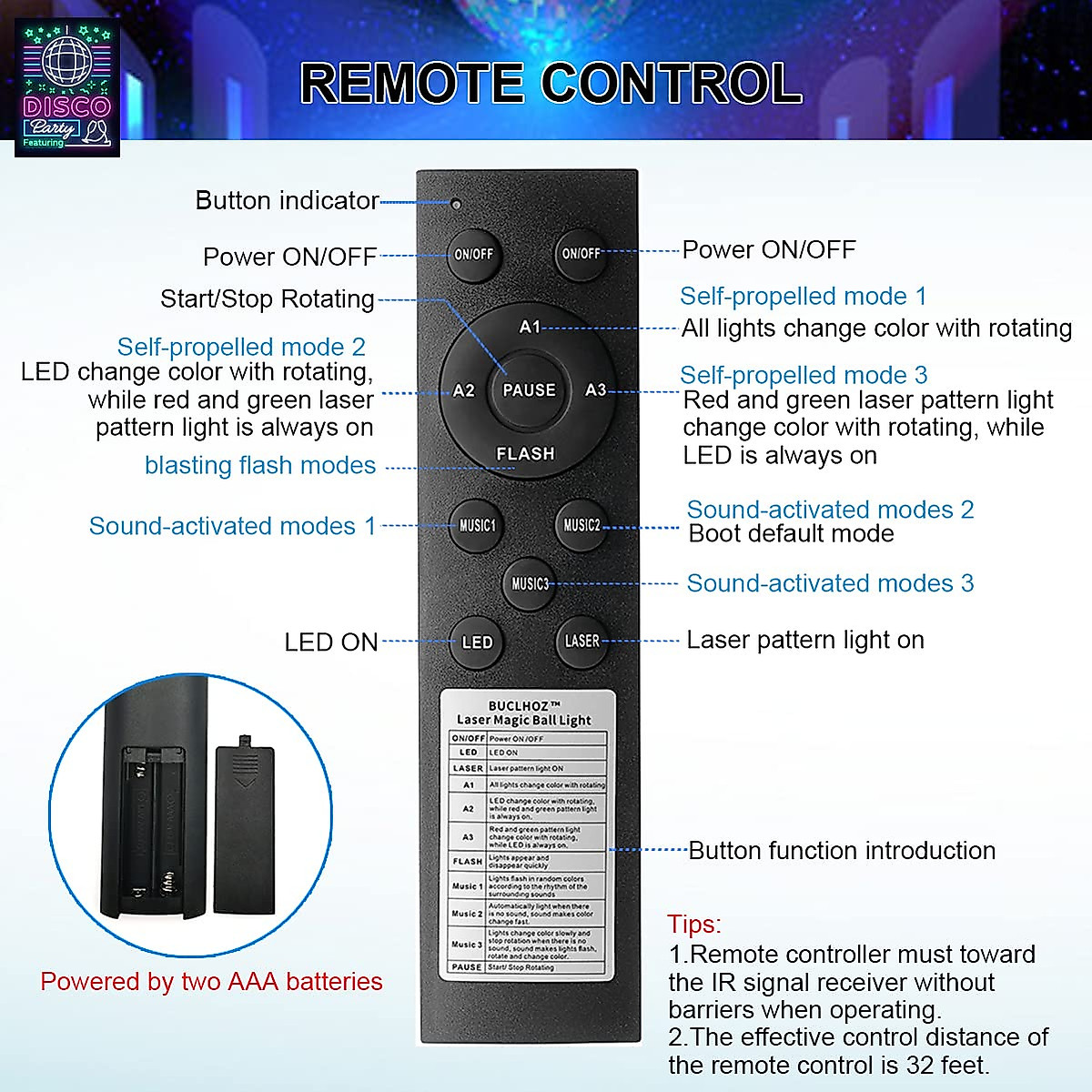 BUCLHOZ LED Magic Ball Party Light, Black, Rectangular, Iron and Cast Iron