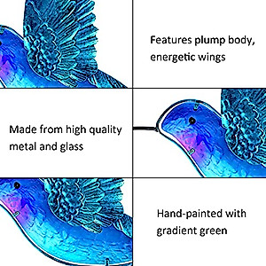 John's Studio Metal Hummingbird Wall Decor Bathroom Glass Art Iron Sculpture Outdoor Hanging Decoration for Home Bedroom Garden Patio Porch or Fence - Blue