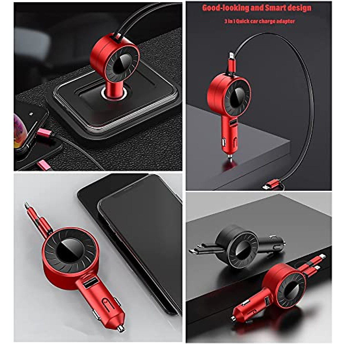 Retractable USB C Fast Car Charger iPhone with Dual Port USB Cables 3-in-1 multiple fast Charger for iPhone Charger Cable UL Certified Compatible for iPhone 11 Pro Max/11/XR/XS/X/8/8 Plus/7/6/6S/5S/SE