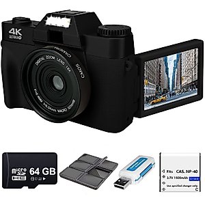 Acuvar 4K 48MP Digital Camera for Photography, Vlogging Camera for YouTube with 3’’ 180° Flip Screen WiFi, 16X Zoom, Rechargeable Battery, 64GB Micro SD Card, 6 PC Card Holder, USB Card Reader (Black)