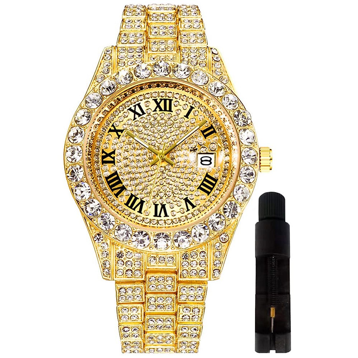 HUNRUY Hip Hop Watches for Men Iced-Out Bling Diamond Luxury Quartz Watches with Date (42mm Face Gold Diamond)