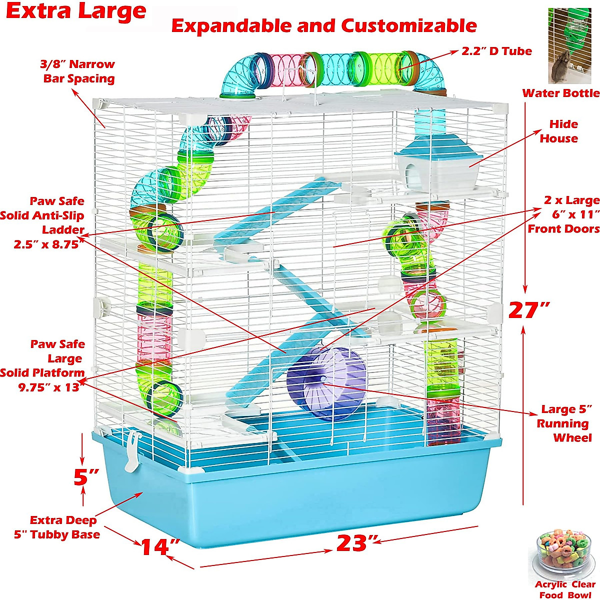 Extra Large 23" Multi-Floors Hamster Mansion Mouse Habitat Gerbil Home Rat House Small Animal Critter Expandable and Customizable Cage with Hide House Running Wheels Food Dish Water Bottle Deep Base