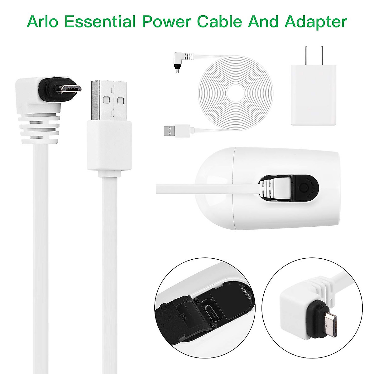 ALERTCAM 2Pack 30Ft/9m Power Adapter for Arlo Essential Spotlight/XL, Weatherproof Outdoor Power Cable Continuously Charging Your Arlo Essential Camera - White