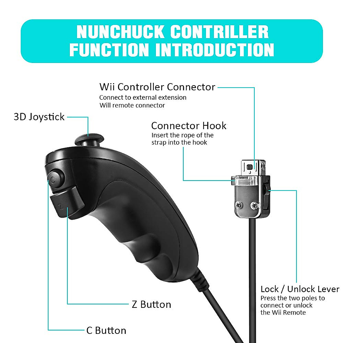 KIWITATA 2 Pack Wii Nunchuck Controllers, Nunchuk Remote Jostick Game Controller Replacement for Wii Wii U Video Game Console Black
