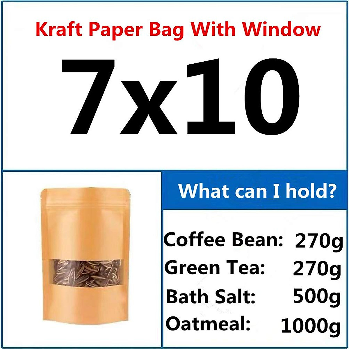 Kraft Heat Sealable Stand Up food Pouches Paper Mylar Bags With Window And Zip Lock,Heavy Duty Decorative Resealable Recycled For DIY Homemade Chips Favor Candy Cookies Christmas (50pcs 7x10+4inch)