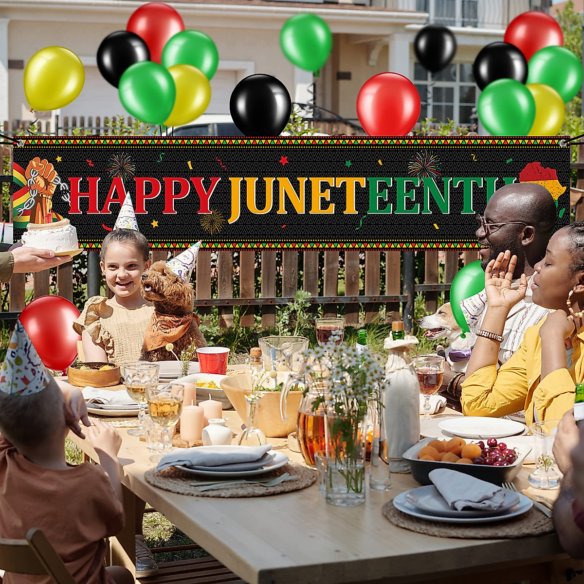 38Pcs Happy Juneteenth Decorations,Large Fabric Juneteenth Banner Patriotic Yard Sign and 36 Pieces Latex Balloons Ribbon for Juneteenth African Afro American June 19th Holiday Birthday Party Supplies