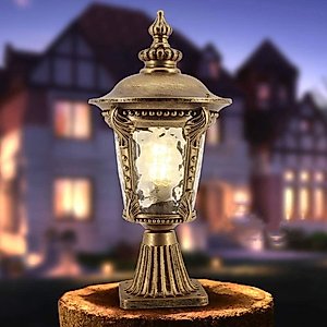 MODEBHD European Vintage Glass Lantern Pillar Column Light External Rainproof Aluminum Landscape IP55 Waterproof Retro Column Lamp Outdoor Table Lamp Lawn Garden Lights Street Post Lights
