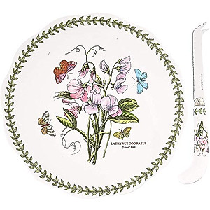 Portmeirion Botanic Garden Cheese Plate with Knife | 9 Inch Cheese Platter with Sweet Pea Motif | Made from Porcelain/Stainless Steel | Dishwasher Safe