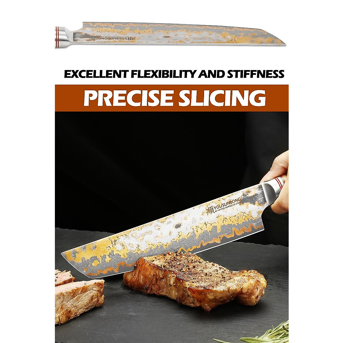 YOUSUNLONG Tanto Kitchen Knife - 8 Inch Japanese Handmade Chef Knife - Razor Sharp Copper Damascus Steel Blade - Cleaver Carving Knife - Naturel Burl Wooden Handle with Leather