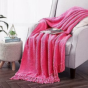 Bytide Throw Blanket for Couch Soft Knitted Textured Couch Cover Tweed Blanket with Fringe Tassel for Home Décor Bed Sofa Chair, 50" x 60", Hot Pink