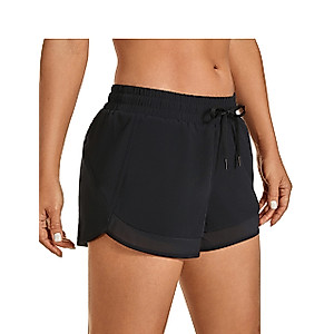 CRZ YOGA Women's Mid Rise Running Shorts Mesh Liner 3'' - Quick Dry Drawstring Workout Athletic Gym Shorts Zip Pocket Black Large