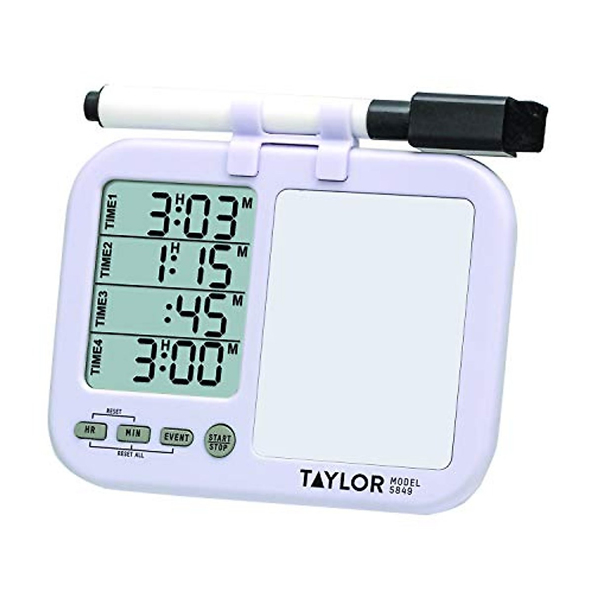 Taylor Four-Event Digital Timer with Whiteboard for School, Learning, Projects, and Kitchen Tasks, white