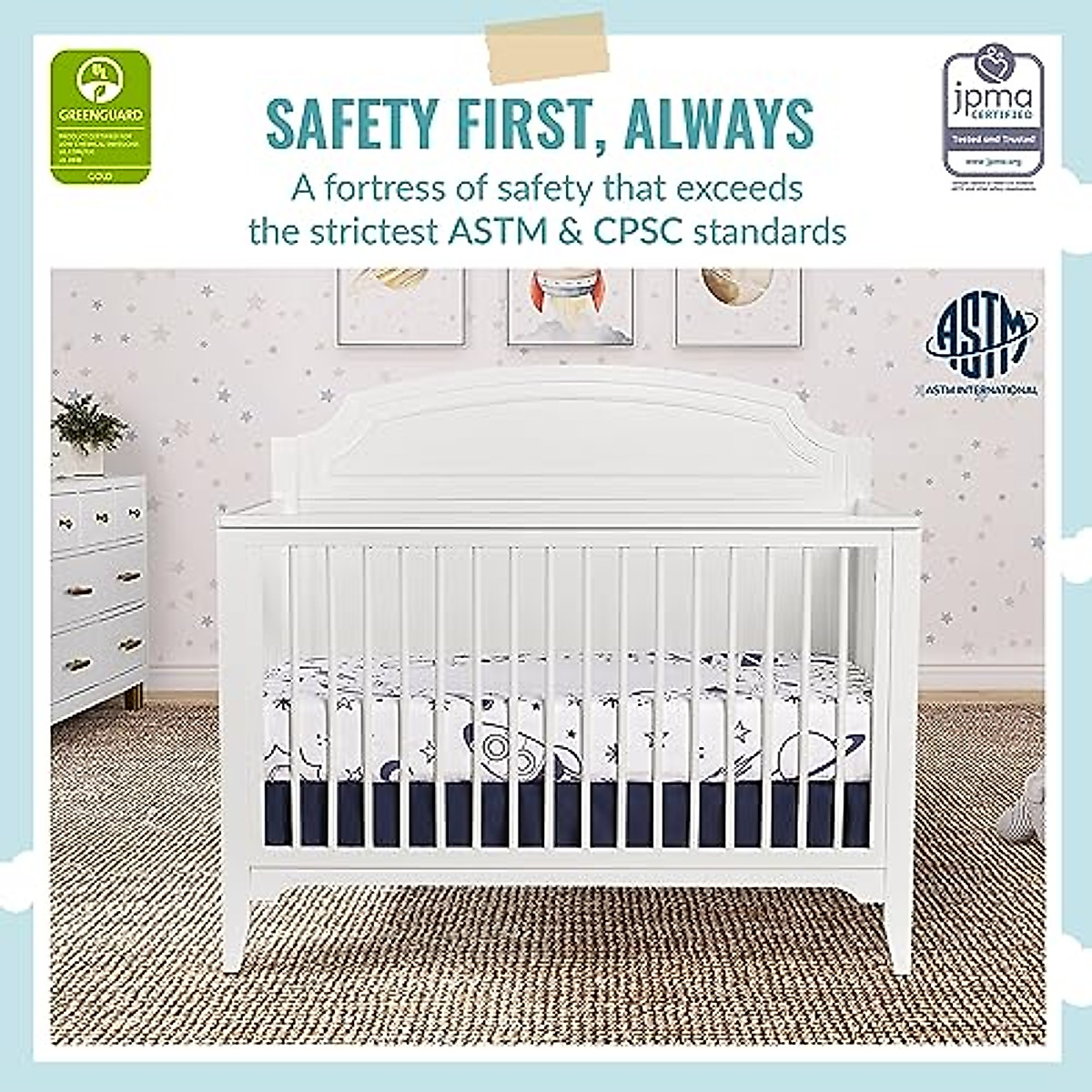 Dream On Me JPMA & Greenguard Gold Certified Milton 5-in-1 Convertible Crib Made with Sustainable New Zealand Pinewood in White, Non-Toxic Finish