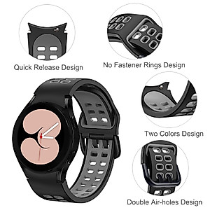 Threeeggs No Gap Band for Samsung Galaxy Watch 7 6 5 4, 20mm Quick Release Replacement Bands for 5 Pro Band 45mm/ 4 Classic 46mm 42mm Soft Sports Strap Wristband for Women Men (Black-Gray)