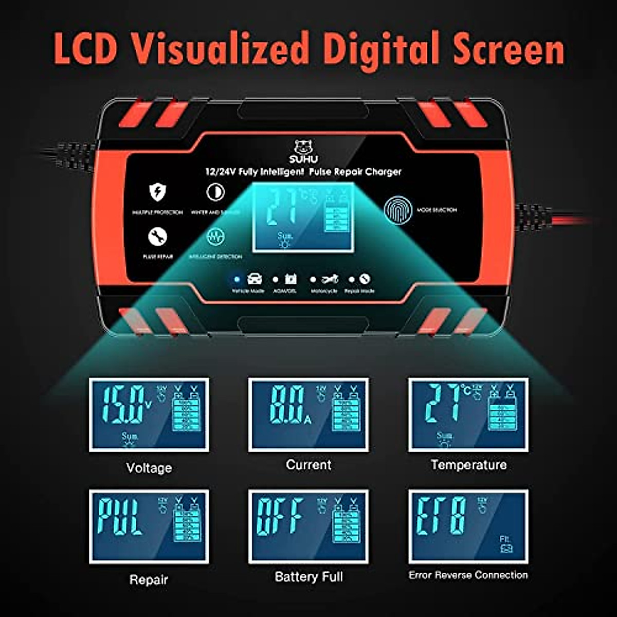 4 Modes Car Battery Charger, 24V/12V Battery Charger Automotive, 4A/8A LCD Battery Charger Switching Automatically from Fast Charging to Trickle Charging for AGM Lead-Acid Batteries