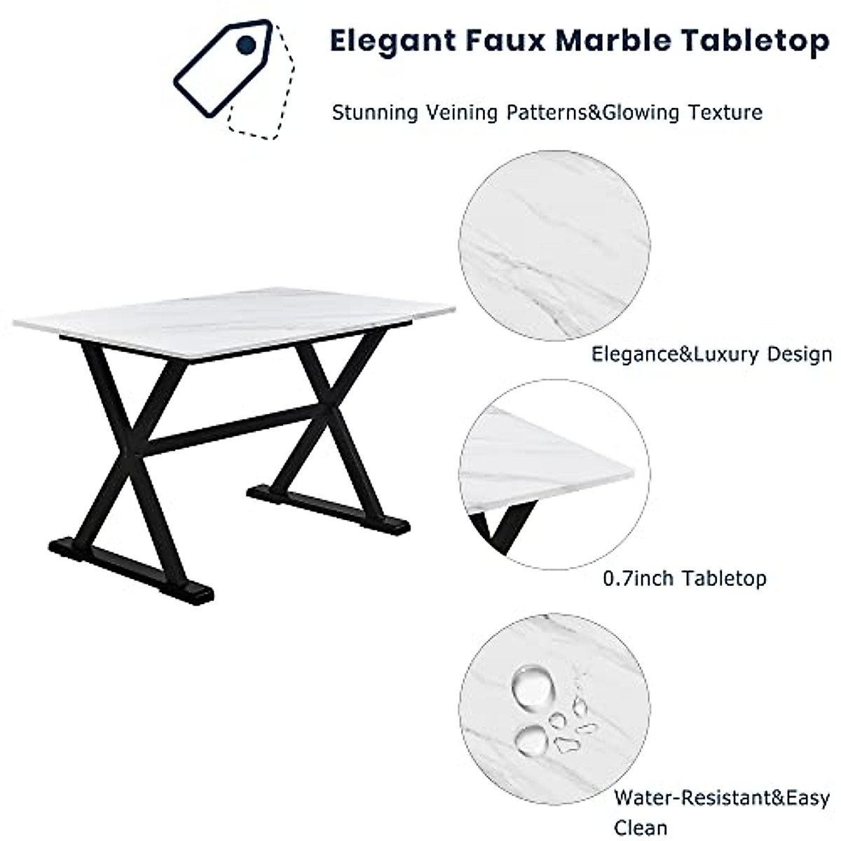 WOZNLA 5-Piece 4,Kitchen and Dining Room Set Table Top and Upholstered Chairs, Faux Marble White+Beige