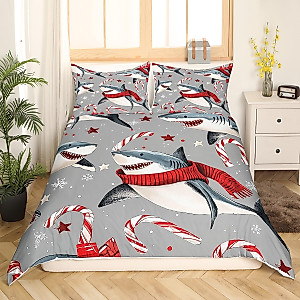 Cartoon Shark Duvet Cover Full Size Christmas Sweet Candy Bedding Set 3pcs Undersea Marine Fish Comforter Cover for Kids Bedroom Decor Cute Star Snowflake Quilt Cover(Not Comforter)