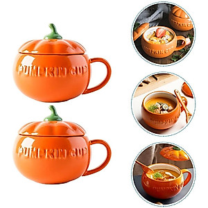 Luxshiny 2 Pcs Pumpkin Ceramic Soup Bowl Porcelain Pumpkin Shape Sugar Dessert Bowl with Lid Ceramic Dinnerware for Halloween