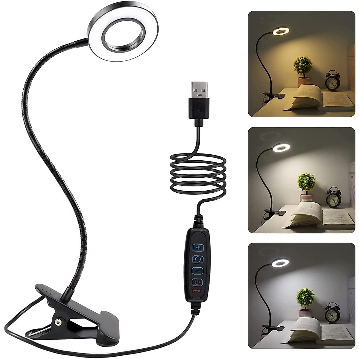 lishumei Clip on Light Reading Lights, 48 LED USB Desk Lamp with 3 Color Modes 10 Brightness, Flexible USB Clamp Bedside Lamp, Eye Caring Book Light for Studying/Working/Gaming (Black)