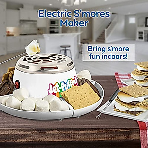 Nostalgia Jet-Puffed Indoor Electric Stainless Steel S'mores Maker with 4 Compartment Trays for Graham Crackers, Chocolate, Marshmallows and 2 Roasting Forks, White