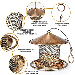 Squirrel Proof Bird Feeders, Cute Lantern Bird Feeder Roof Shaped, Heavy Duty Metal Wild Bird Feeder with Hook for Garden Yard Outside Hanging Decor, 2lbs Capacity - Bronzed