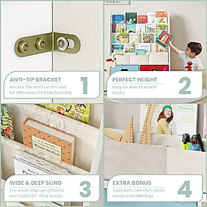 SEIRIONE Sturdy Kids Bookshelf, Children Display Rack, 4 Sling and 2 Storage Boxes for Toys Organizer, White/Wood Texture