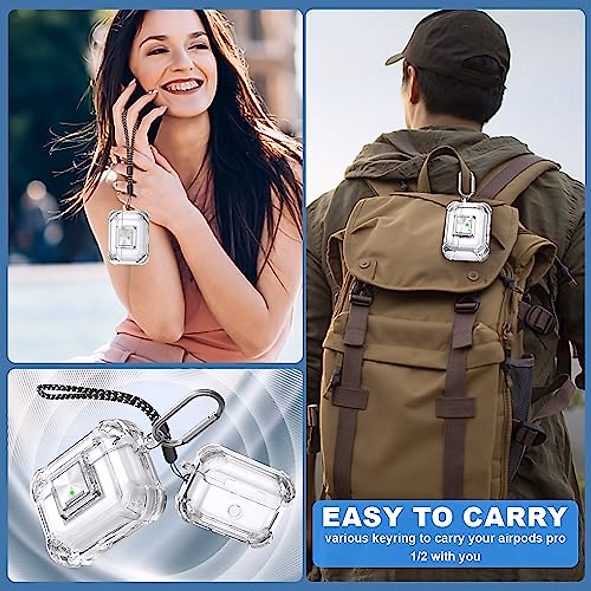 [4 in 1] Secure Lock Airpods Pro 2nd/1st Generation Case Clear, WOFRO Airpods Pro 2 Transparent TPU Silicone Protective Cover with Cleaner kit Lanyard and Keychain for Apple AirPods Pro 2nd/1st Gen