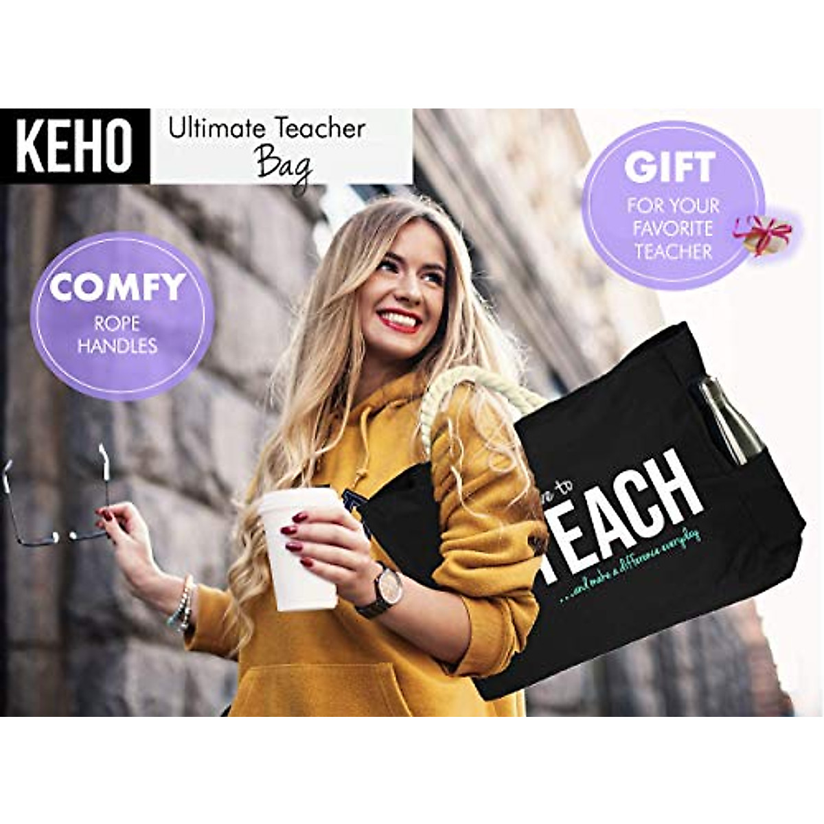 Keho XXL Ultimate Teacher Waterproof Multi Pocket Tote Shoulder Bag (Huge) - Perfect Usable Gift for Teacher Appreciation, Comfy Rope Handles & Perfect Work Bag