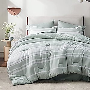 Bedsure Bed in a Bag Queen Size 7 Pieces, Sage Green White Striped Bedding Comforter Sets All Season Bed Set, 2 Pillow Shams, Flat Sheet, Fitted Sheet and 2 Pillowcases