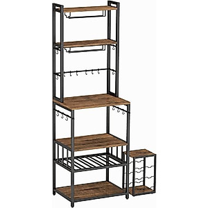 Amosic Wine Baker Rack, Industrial Wine Bar Cabinet, 6-Tier Wine Storage Display Shelves, Floor Liquor Wine Cabinet Storage with Rustic Wood Countertop Wine Rack 6 Bottles, for Bar (Rustic Brown)