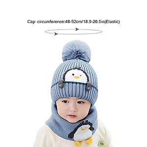 Toddler Winter Beanie Hat Scraf Set, Cute Cartoon Penguin Knitted Hats Soft Warm Infant Hat with Pompom for Baby Boys and Girls 1-3 Years (Blue)