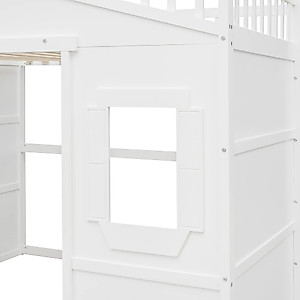 Harper & Bright Designs House Loft Bed Full Size Kids Playhouse Bed, Solid Wood Loft Bed Frame with Window and Ladder, for Girls Boys (Full Size, White)