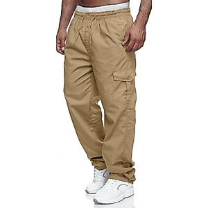 WZIKAI Mens Cargo Pants Relaxed Fit Drawstring Joggers Sweatpants for Men Workout Casual Long Trousers Khaki XXXL