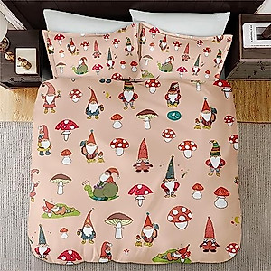 Duvet Cover Full Size, Gnome Funny Happy Red Bedding Set with Zipper Closure for Kids and Adults, Colorful Mushroom Elf Comforter Cover with 2 Pillow Shams for Bedroom Bed Decor