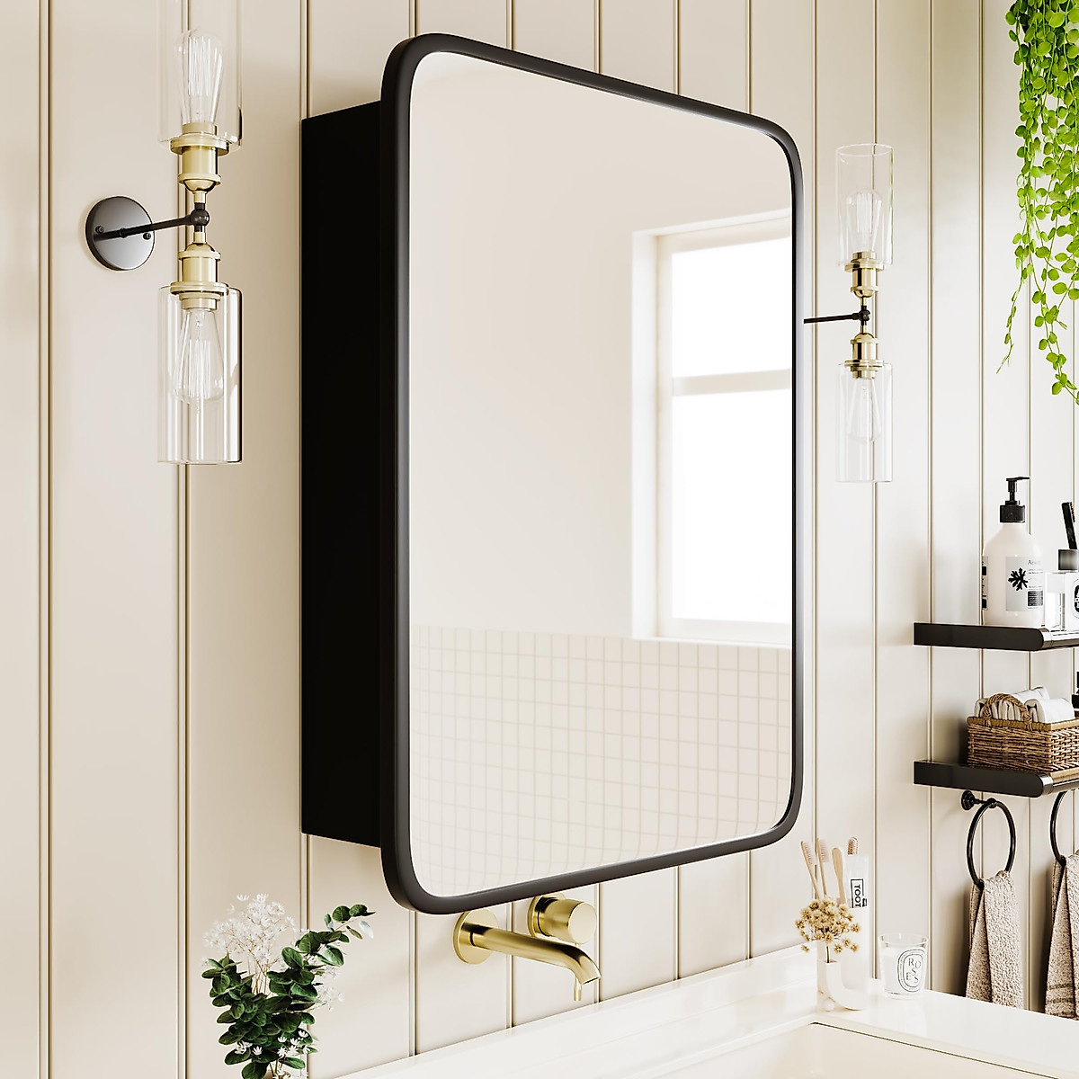 AGDULL Bathroom Wood Black Cabinet with 20''x30'' Black Metal Frame Curved Mirror, Recessed Medicine Cabinet, Bathroom Storage Cabinet