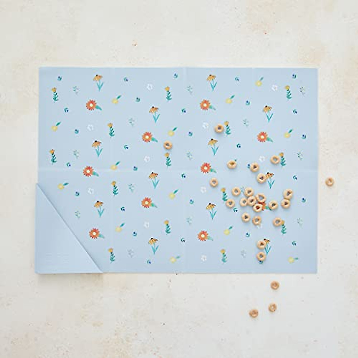 Austin Baby Co Silicone Placemat – Stain Resistant Portable Place Mats – Food Grade Silicone, Dishwasher Safe and Folds into Pocket for Easy Storage On The Go (Wildflower Chambray Blue)