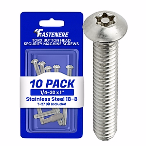 Fastenere Torx Security Machine Screws - 1/4-20 x 1" (10-Pack) Stainless Steel, Tamper-Resistant, Button Head Screws, Bolt Screw for Higher Level of Safety & Theft Prevention