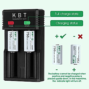 KBT Rechargeable 123A Battery Charger:2 Slot Smart Charger with 4pack 750mAh Lithium Battery for Arlo Camera VMC3030 VMK3200 VMS3230/3330/3430/3530 & Flashlight & Headlamp