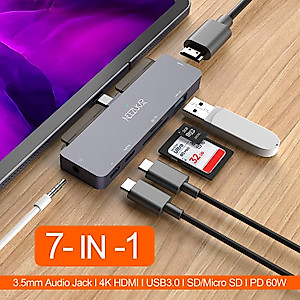 7-in-1 USB C Hub Adapter Multiport, with 4K HDMI, USB C PD Fast Charging and SD - Dongle Compatible with iPad Pro 2020 2018,iPad Air4, MacBook Pro / Air and More