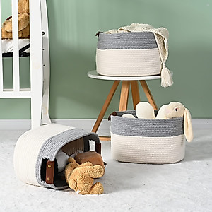 ECDYQXVU 1 Pack Cotton Rope Storage Baskets,15x10x9 in,Collapsible Storage Bins, Decorative Woven Basket Cube Storage Organizer for Nursery, Laundry, Towel, Clothes,Cosmetics, Books(White/Grey)