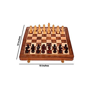 MD Continental Magnetic Wooden Chess Set Folding Board with Storage, Tournament Staunton Thick Acacia Wood Board, Portable Travel Chess, Indoor Games Kids & Adults, Brown and Beige, 10x10 Inches
