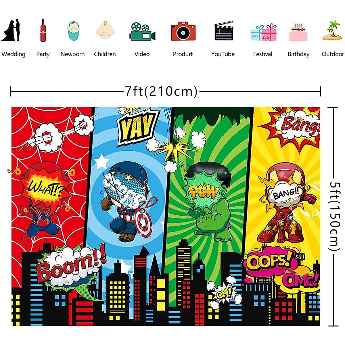 Cartoon Super Heros Backdrop Birthday Decorations City Hero Themed Film Fans Kids Family Party Decor Cake Table Photography Background Photo Booth Props (7x5FT(210x150cm))
