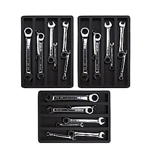 Polar Whale Tool Drawer Organizer 3-Piece Wrench Insert Set 4 Pockets Black Durable Foam Holds Many Tools 15 x 10 Inch Trays Fits Craftsman Husky Kobalt Milwaukee Many Others