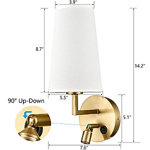 SAMTEEN Gold Wall Sconces Set of Two Modern Brass Wall Lamp with Fabric Shade, USB Sconces Wall Lighting with Switch Wall Light for Bedroom Hallway Living Room