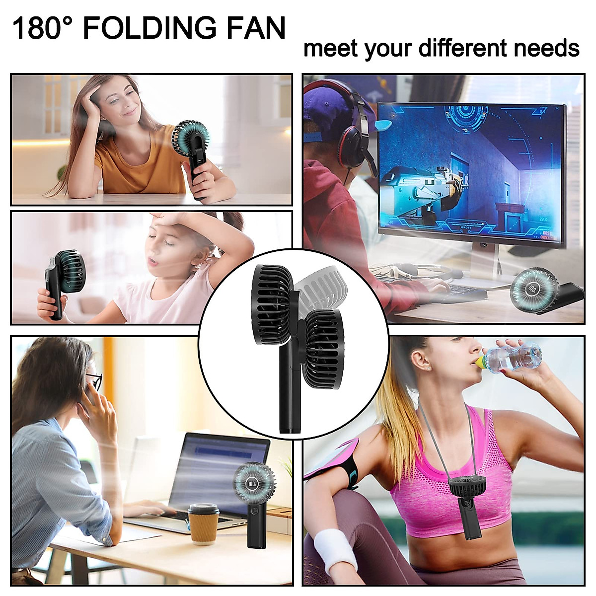 Portable Handheld Mini Travel Fan Rechargeable, Small Neck Lanyard Electric Fan Battery Operated for Women, Foldable Desk Cooling Fans with LED Screen 6000mAh Power Bank and USB Cable - Black