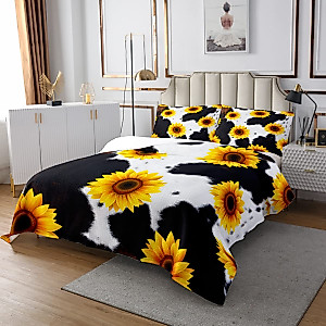 Sunflower Bedspread Twin Size Black White Cowhide Print Bedding Set 2pcs Kids Boys Girls Bedroom Decor Rustic Farmhouse Cow Fur Comforter Set Animals Botanicals Quilt Set,1 Pillowcase